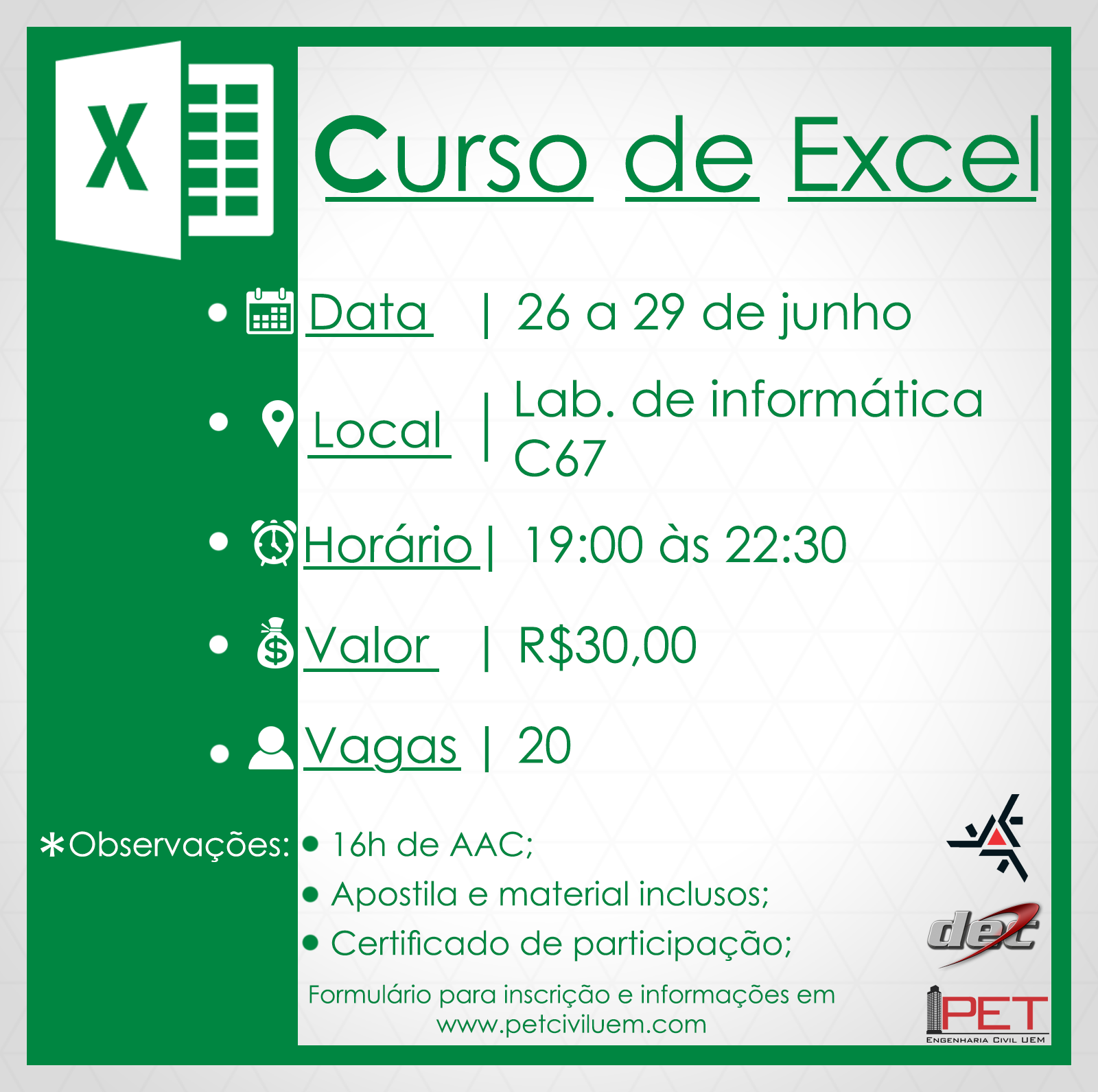 Inscrições – Curso Básico de Excel – PET Engenharia Civil UEM